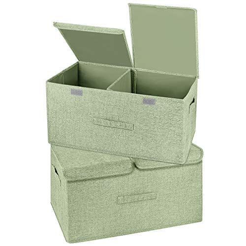 Valease 2 Pack Large Storage Boxes with Lids and Handles, Collapsible Linen Storage Bins Organizer Containers Baskets Cube with Removable Divider for Home Bedroom Closet Office (Green, Large)