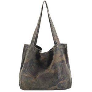 women large vintage canvas camouflage tote shoulder bag shopping handbag hobo (green)