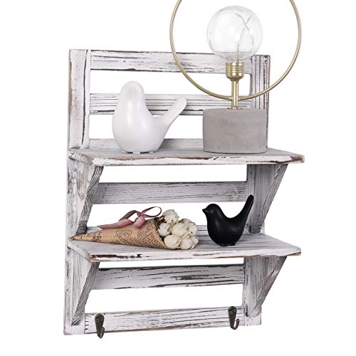 RHF Rustic Wall Shelf, Wood Wall Shelves, Hanging Shelf Organizer Rack, Decorative Floating Shelves for Living Room, Bathroom, Kitchen, Office - 2 Hooks 2-Tier (White)