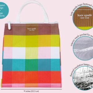 Kate Spade New York Portable Soft Cooler Lunch Bag with Silver Insulated Interior Lining and Storage Pocket, Rainbow Plaid