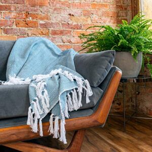 refinery29 | athena collection | premium cotton textured throw blanket, handloom trim throw blanket (blue), 50″ x 70″