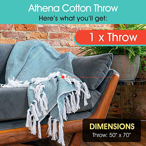 Refinery29 | Athena Collection | Premium Cotton Textured Throw Blanket, Handloom Trim Throw Blanket (Blue), 50" x 70"