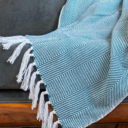 Refinery29 | Athena Collection | Premium Cotton Textured Throw Blanket, Handloom Trim Throw Blanket (Blue), 50" x 70"