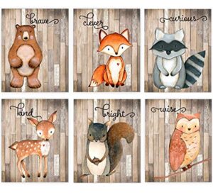 woodland nursery decor for boys – animal pictures wall art – baby room animal prints on shiplap background – bear deer fox raccoon owl squirrel decor – set of 6 prints – 8×10 – unframed