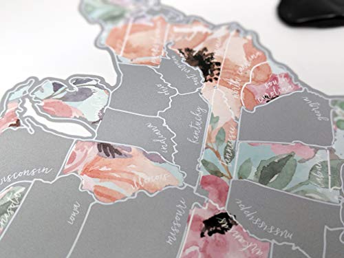 JetsetterMaps Scratch Your Travels Romantic Floral USA Map (Small Silver)