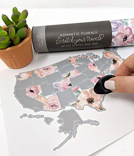 JetsetterMaps Scratch Your Travels Romantic Floral USA Map (Small Silver)