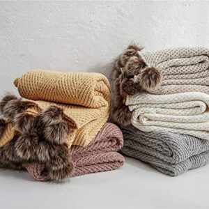 vctops Fur Pom Pom Knit Throw Blanket Super Soft Warm Cozy Cable Knitted Blanket for Sofa and Couch 51 x 63 Inch Beige Apricot