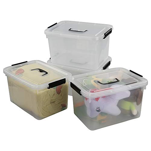 Begale 10.5 Quart Plastic Medium Storage Container, Clear Latch Bin with Handle and Lid, 4-Pack