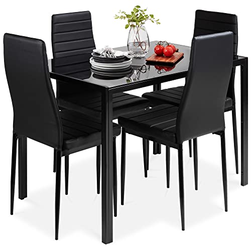 Best Choice Products 5-Piece Kitchen Dining Table Set for Dining Room, Kitchen, Dinette, Compact Space w/Glass Tabletop, 4 Faux Leather Metal Frame Chairs - Black