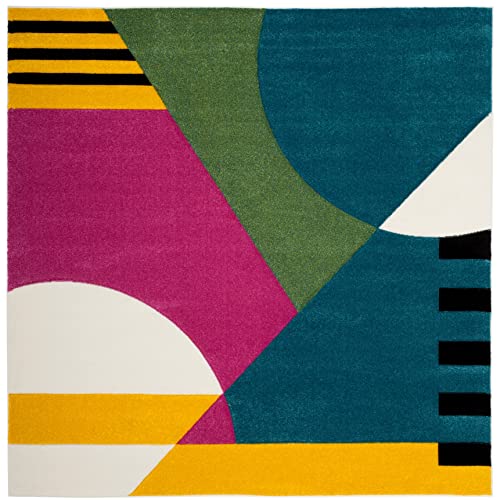 SAFAVIEH Hollywood Collection 4' x 6' Peacock Blue / Fuchsia HLW706C Mid-Century Modern Non-Shedding Living Room Bedroom Accent Rug