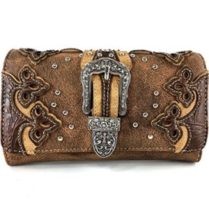 justin west tooled laser cut leather floral embroidery rhinestone buckle studded concealed tote handbag purse (brown wallet)