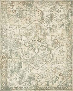 unique loom tuareg collection vintage distressed traditional center medallion area rug, 8 x 10 ft, cream/slate blue