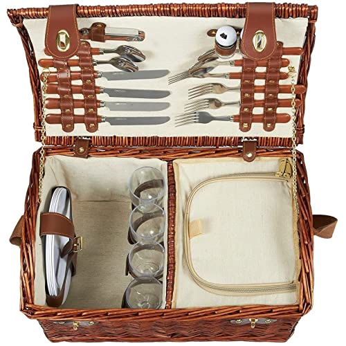 Juvale Large Wicker Picnic Basket, 4 Person Set with Utensils, Outdoor, Insulated Cooler Bag, Plastic Glasses, Plates, Stainless Steel Cutlery, Utensils, Family Size (18 x 12 x 10 in, Brown)