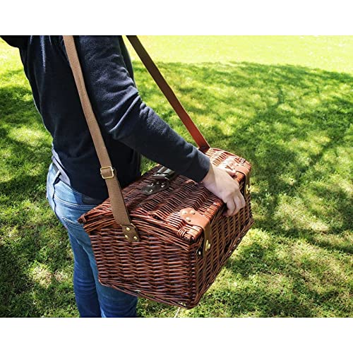 Juvale Large Wicker Picnic Basket, 4 Person Set with Utensils, Outdoor, Insulated Cooler Bag, Plastic Glasses, Plates, Stainless Steel Cutlery, Utensils, Family Size (18 x 12 x 10 in, Brown)