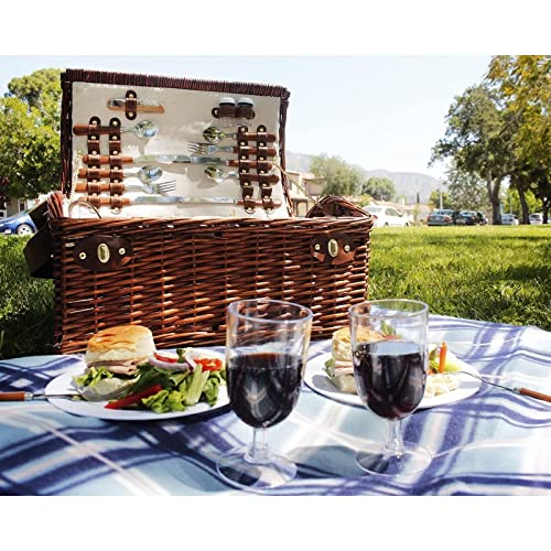 Juvale Large Wicker Picnic Basket, 4 Person Set with Utensils, Outdoor, Insulated Cooler Bag, Plastic Glasses, Plates, Stainless Steel Cutlery, Utensils, Family Size (18 x 12 x 10 in, Brown)