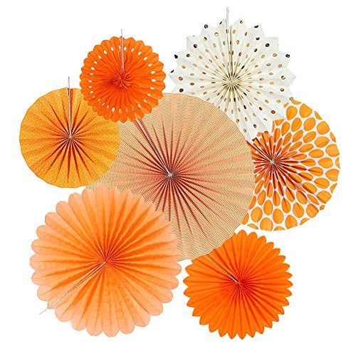 SUNBEAUTY Pack of 7 Hanging Paper Fans Collection Orange Paper Fans Home Party Photo Backdrop Decorations