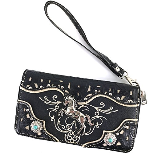 Justin West Western Embroidery Horse Turquoise Concho Rhinestone Studded Shoulder Tote Handbag Purse Wallet (Black Purse Set)