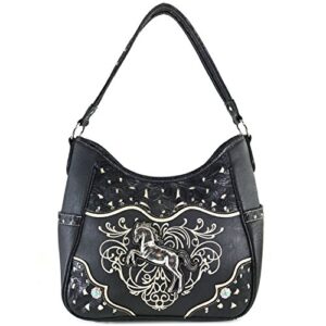 Justin West Western Embroidery Horse Turquoise Concho Rhinestone Studded Shoulder Tote Handbag Purse Wallet (Black Purse Set)