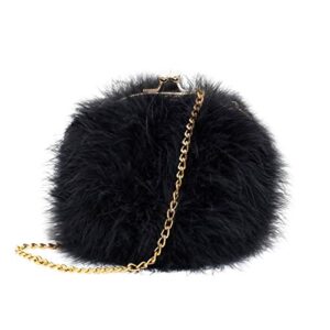 flada women’s faux fluffy feather round clutch shoulder bag, black, medium