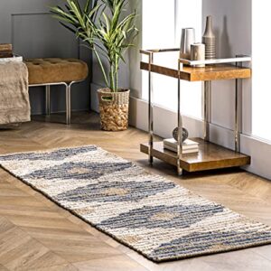 nuloom hand braided marla denim and jute diamonds runner rug, 2′ 6″ x 8′, off-white