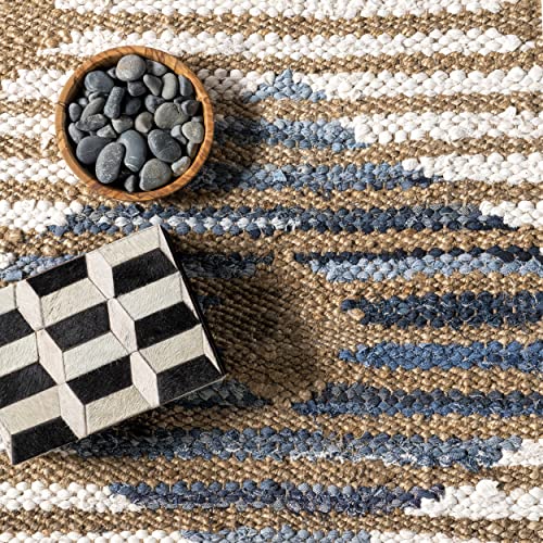 nuLOOM Hand Braided Marla Denim And Jute Diamonds Runner Rug, 2' 6" x 8', Off-white