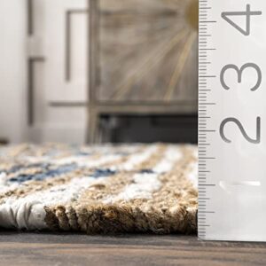 nuLOOM Hand Braided Marla Denim And Jute Diamonds Runner Rug, 2' 6" x 8', Off-white