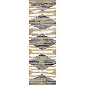 nuLOOM Hand Braided Marla Denim And Jute Diamonds Runner Rug, 2' 6" x 8', Off-white