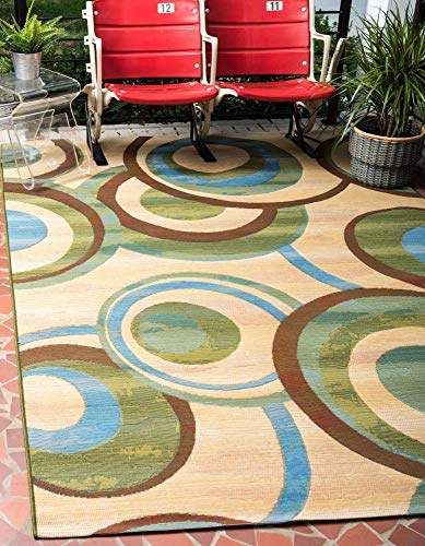 Unique Loom Modern Collection Contemporary, Circles, Abstract, Bright Colors, Indoor and Outdoor Area Rug, 5' 3" x 8' 0", Beige/Green