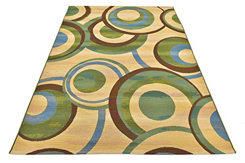 Unique Loom Modern Collection Contemporary, Circles, Abstract, Bright Colors, Indoor and Outdoor Area Rug, 5' 3" x 8' 0", Beige/Green