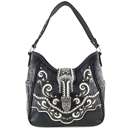 Justin West Floral Embroidery Cutout Stud Rhinestone Buckle Tooled Shoulder Handbag with Concealed Carry (Black tote)