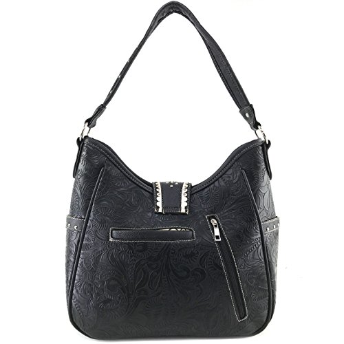 Justin West Floral Embroidery Cutout Stud Rhinestone Buckle Tooled Shoulder Handbag with Concealed Carry (Black tote)