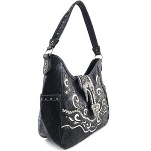 Justin West Floral Embroidery Cutout Stud Rhinestone Buckle Tooled Shoulder Handbag with Concealed Carry (Black tote)