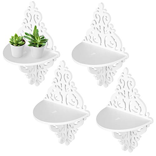 MyGift Set of 4 White Floating Shelves, Wood-Plastic Composite Wall Hanging Shelf with Scrollwork Design