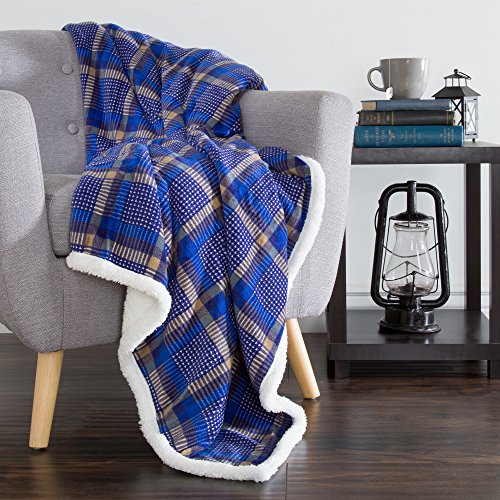 Lavish Home Fleece Sherpa Throw Blanket - Plaid - Blue/Yellow