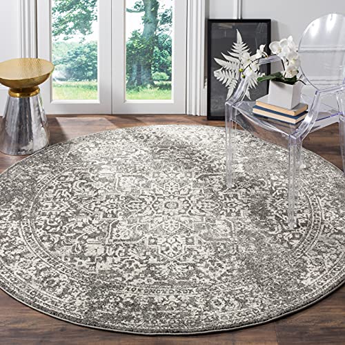 SAFAVIEH Evoke Collection 5'1" Round Grey/Ivory EVK256D Oriental Distressed Non-Shedding Dining Room Entryway Foyer Living Room Bedroom Area Rug