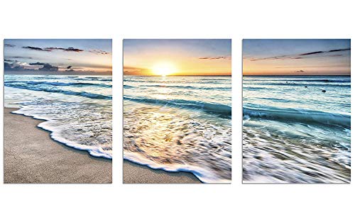 TutuBeer 3 Panel Beach Canvas Wall Art for Home Decor Blue Sea Sunset White Beach Painting The Picture Print On Canvas Seascape The Pictures for Home Decor Decoration,Ready to Hang