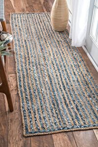 nuloom dara striped jute runner rug, 2 ft 6 in x 8 ft, blue