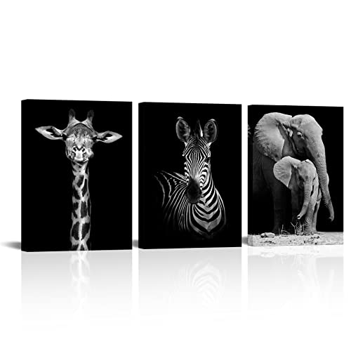 Visual Art Decor Black and White African Wildlife Canvas Wall Art Animal Zebra Giraffe Elephant Portrait Picture Poster Artwork for Home Living Room Bedroom Room Kids Room Office Wall Decoration Ready to Hang