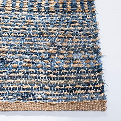 SAFAVIEH Cape Cod Collection 2' x 3' Natural / Blue CAP353A Handmade Flatweave Coastal Braided Jute Accent Rug