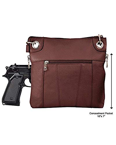 Concealed Carry Cross Body Leather Gun Purse with Locking Zipper (Brown)