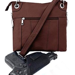 Concealed Carry Cross Body Leather Gun Purse with Locking Zipper (Brown)