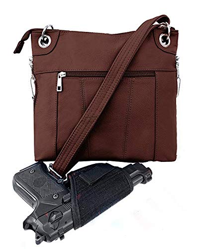 Concealed Carry Cross Body Leather Gun Purse with Locking Zipper (Brown)