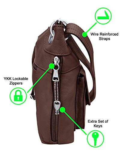 Concealed Carry Cross Body Leather Gun Purse with Locking Zipper (Brown)