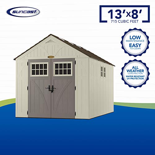 Suncast 13' x 8' Tremont Storage Shed with Windows - Natural Wood-like Outdoor Storage for Power Equipment and Yard Tools - All-Weather Resin Material, Skylights and Shingle Style Roof, 13' 2-3/4" by 8' 4-1/2"