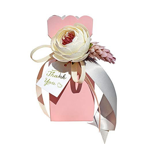 Amoleya Favor Boxes,Pack of 20 pcs DIY Wedding Favors Candy Boxes with Ribbon and Flower for Engagement, Bridal Shower Party, Princess Pink