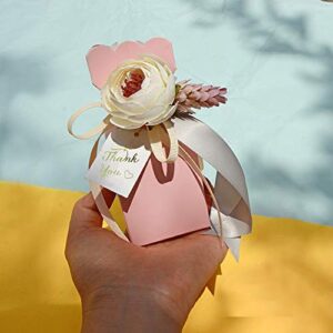 Amoleya Favor Boxes,Pack of 20 pcs DIY Wedding Favors Candy Boxes with Ribbon and Flower for Engagement, Bridal Shower Party, Princess Pink