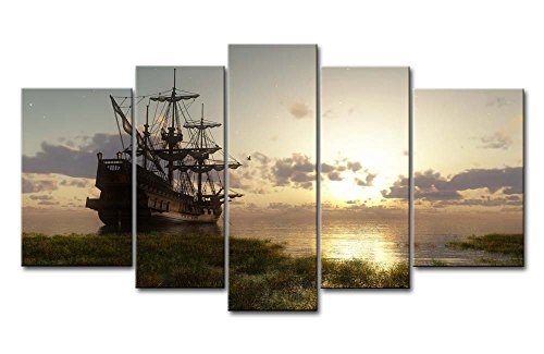 Pirate Ship Nautical Wall Art Viking Ship 5 Panel Painting The Picture Prints On Canvas Modern Artwork for Living Room Home Decor