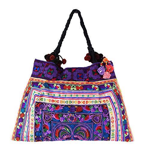 changnoi Unique Fair Trade Tote Bag Embroidered Fabric Large Size from Thailand (Bird Purple)