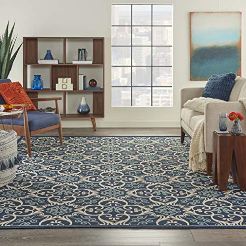 Nourison Caribbean Navy 7'10" x 10'6" Area-Rug, Geometric, Floral, Bed Room, Living Room, Dining Room, Kitchen, Easy-Cleaning, Non Shedding, (8' x 11')