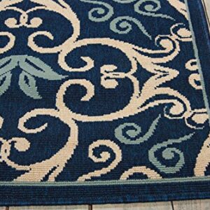 Nourison Caribbean Navy 7'10" x 10'6" Area-Rug, Geometric, Floral, Bed Room, Living Room, Dining Room, Kitchen, Easy-Cleaning, Non Shedding, (8' x 11')